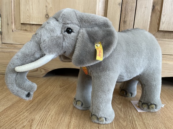 Steiff Trampy Elephant. Finest grey plush, standing 45 cms, trunk to tail
