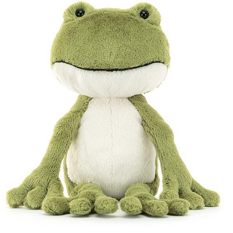 Jellycat Finnegan Frog. Cuddly soft woven green and white plush
