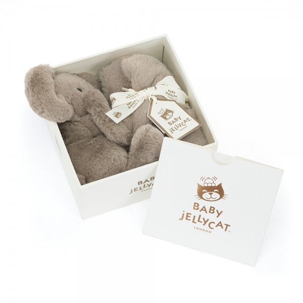 Baby Jellycat Smudge Elephant velvety soft soother. In beautiful gift box complete with gift card. Little Elephant sits 13cm high gift box 14 x 14 x 7cms
